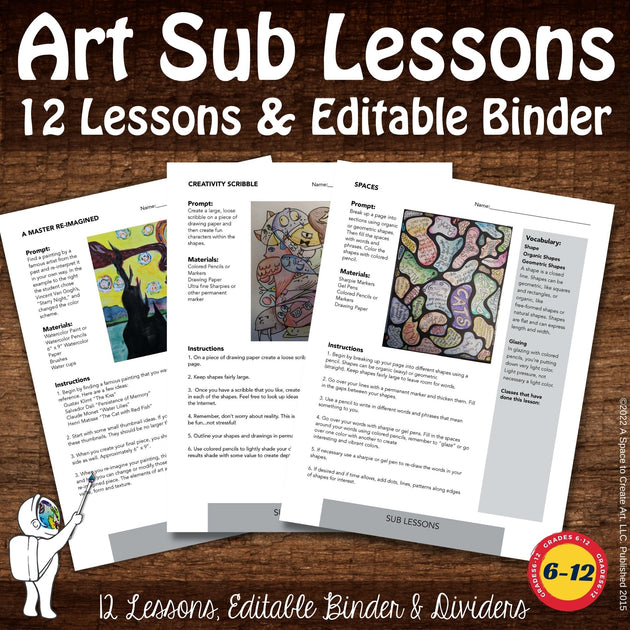 12 Art Sub Lessons with Editable Binder – A Space to Create Art