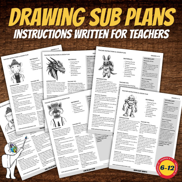 Drawing Sub Packets, 6 Art Sub Plans, Middle or High School Art Activi ...