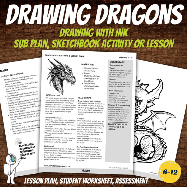 Drawing Dragons Worksheet Packet, Art Sub Plan, Middle or High School ...
