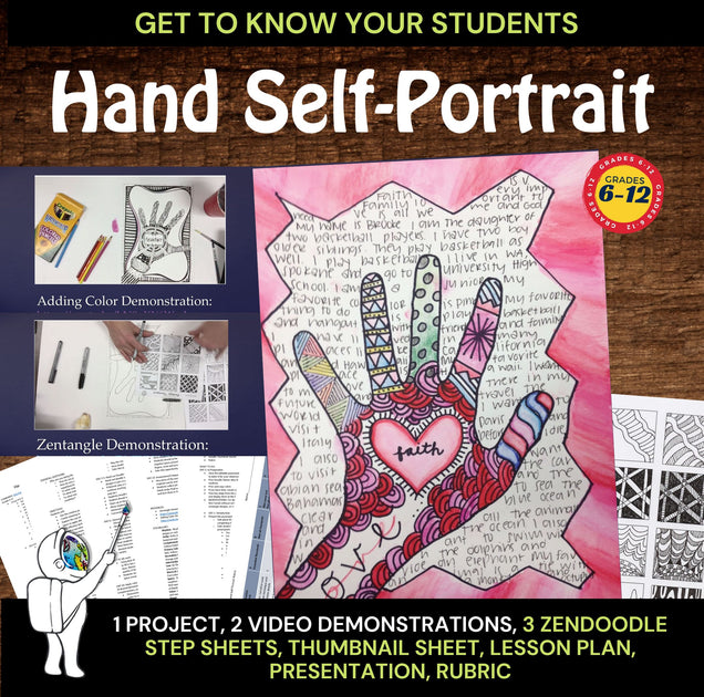 Zendoodle Hand Self Portraits - Back to School Middle, High School Art ...