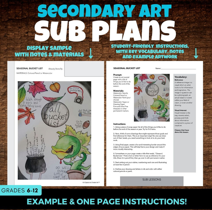 12 Middle and High School Art Sub Lessons One Page, Plus Editable Bind ...