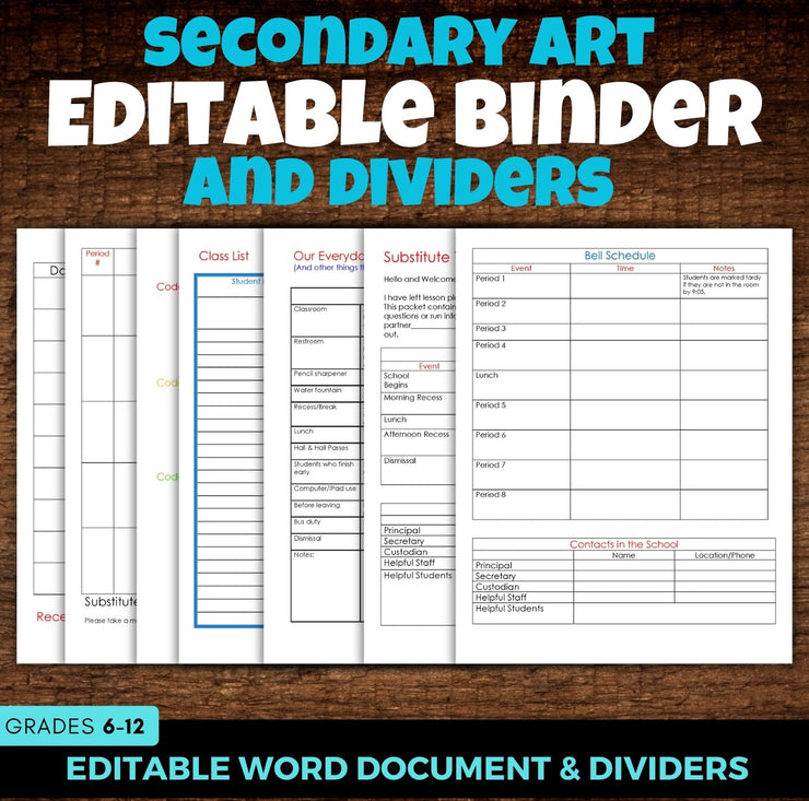 12 Middle and High School Art Sub Lessons One Page, Plus Editable Bind ...
